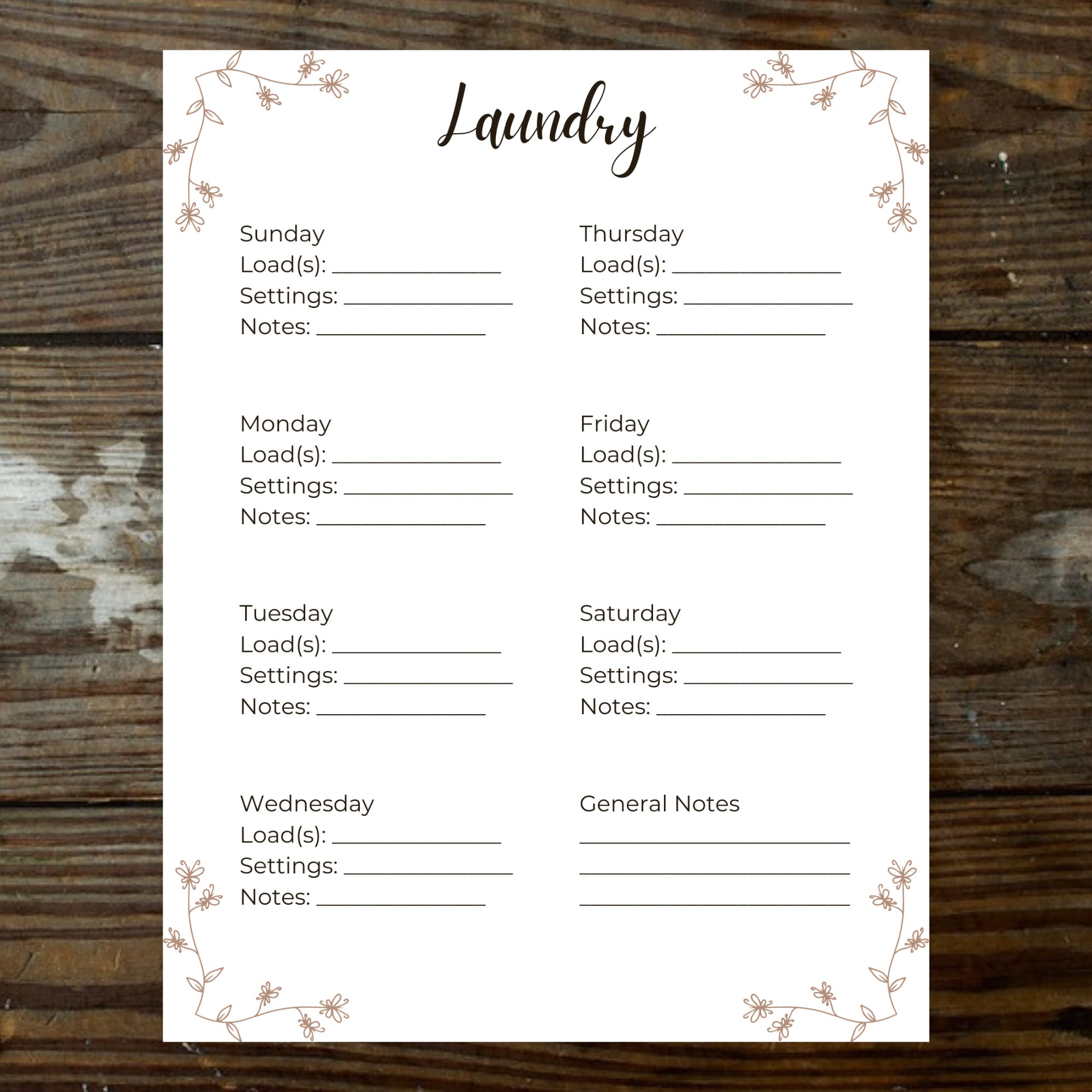 Weekly Laundry Schedule Printable Planner for Household Apartment Dorm ...
