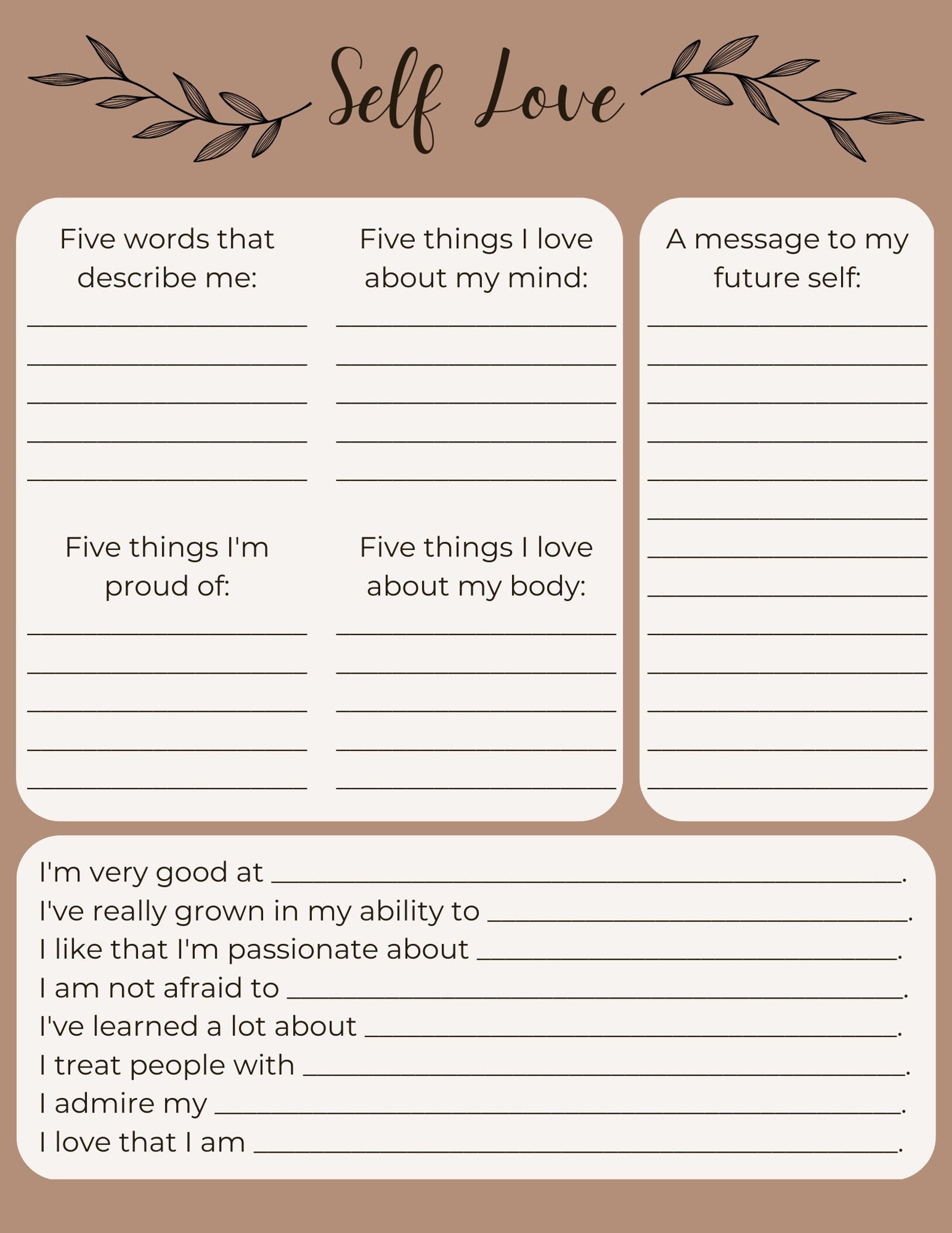 Self Love Journaling Page - Positive Self Esteem Self Care Affirmations ...