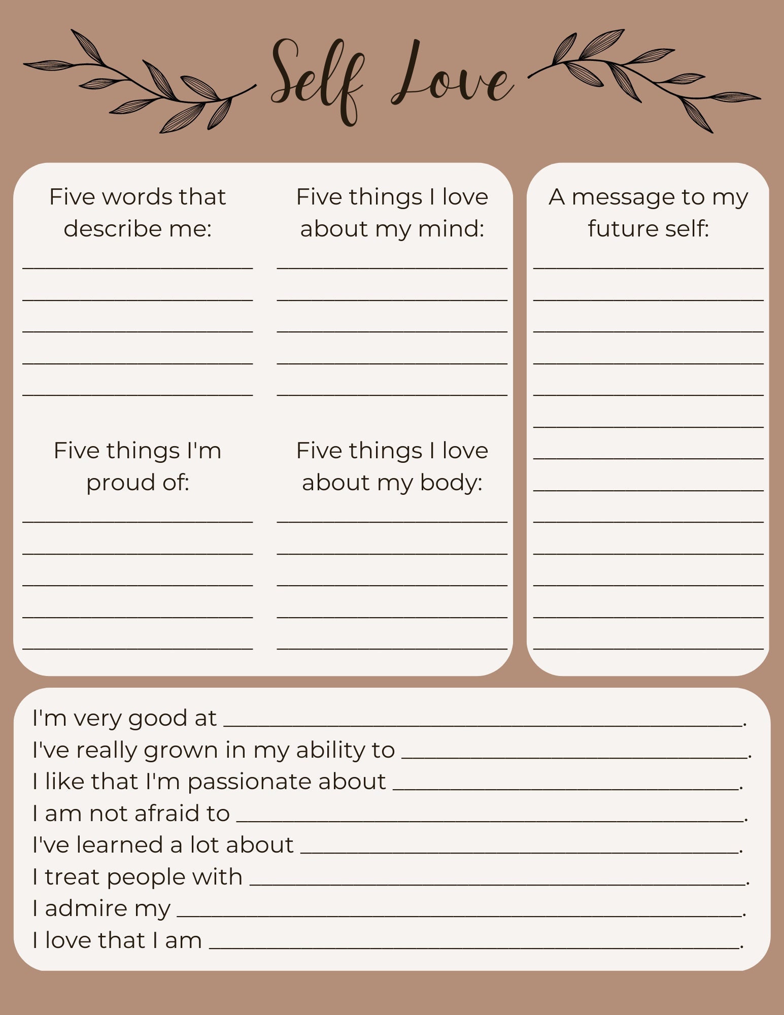 Self Love Journaling Page - Positive Self Esteem Self Care Affirmations ...