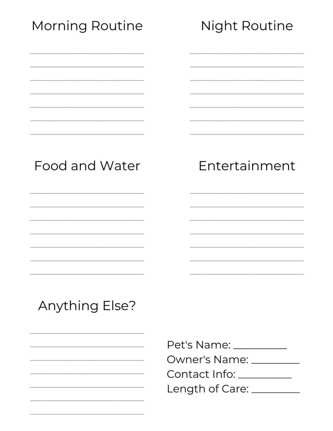 Pet Care Printable Petsitting Sheet Animal Care List Vacation Planning ...