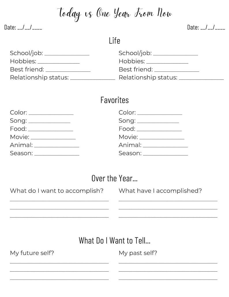 Today Vs One Year From Now - Time Capsule Yearly Reflection Printable ...