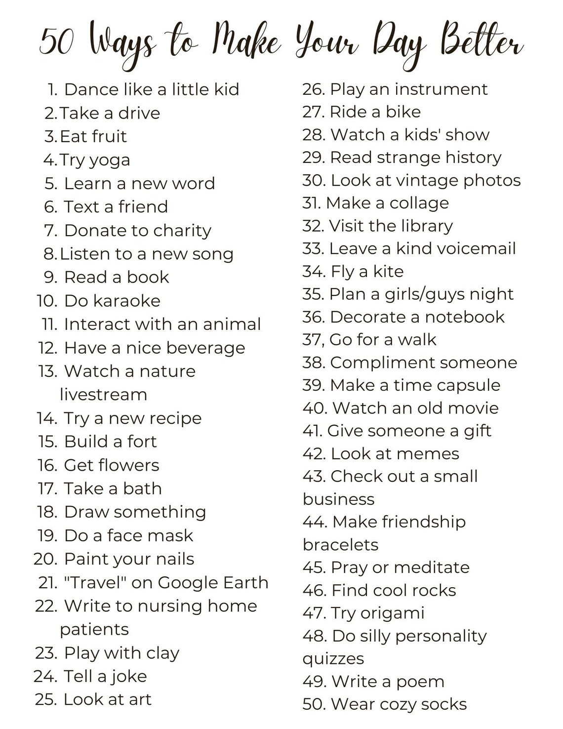 50 Ways to Make Your Day Better Printable - Motivational Poster Print ...