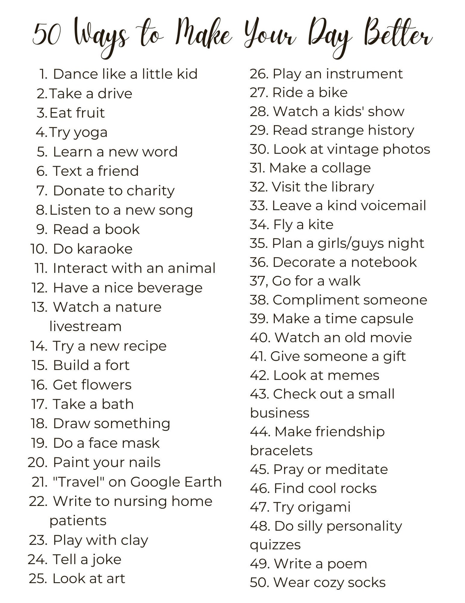 50 Ways to Make Your Day Better Printable - Motivational Poster Print ...