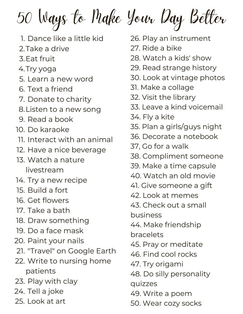 50 Ways to Make Your Day Better Printable - Motivational Poster Print ...