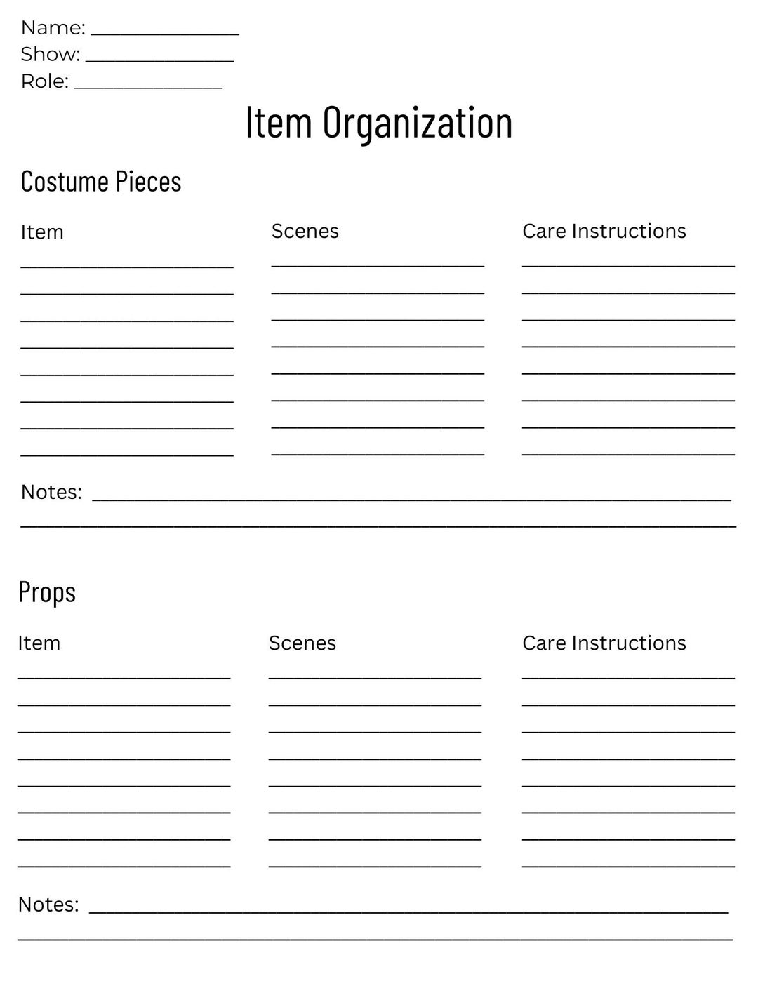 Item Organization - Printable Theater Resource for Costumes and Props ...