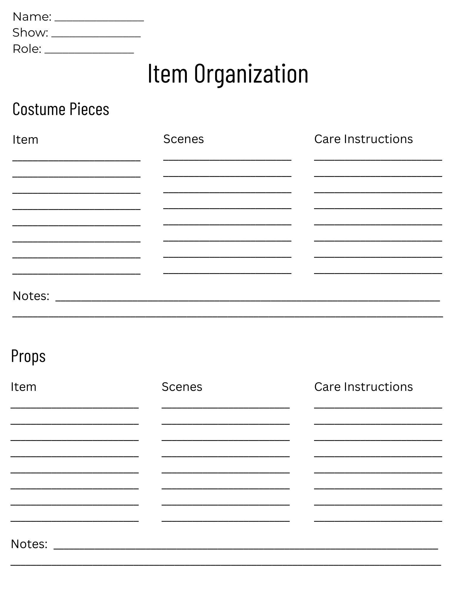 Item Organization - Printable Theater Resource for Costumes and Props ...