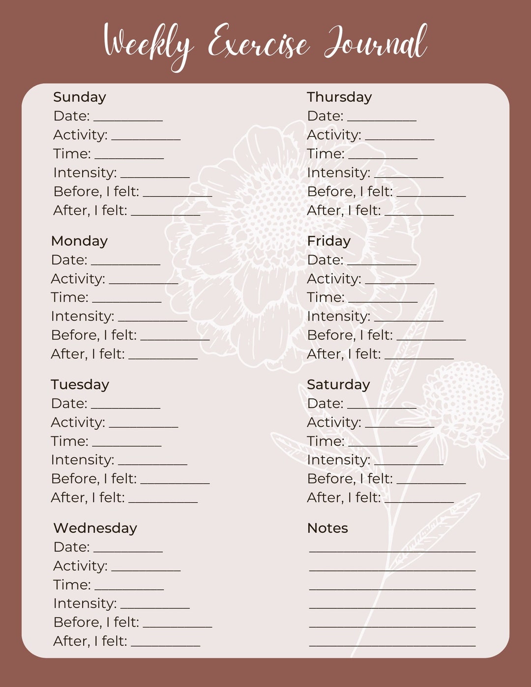 Weekly Exercise Journal - Personal Workout Planner Printable Page - Etsy