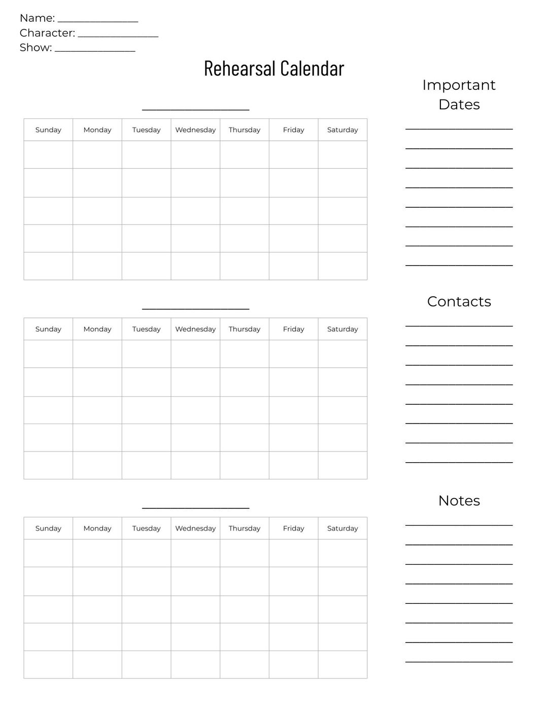 Rehearsal Calendar - Theater Printable Resource for Actors Directors ...