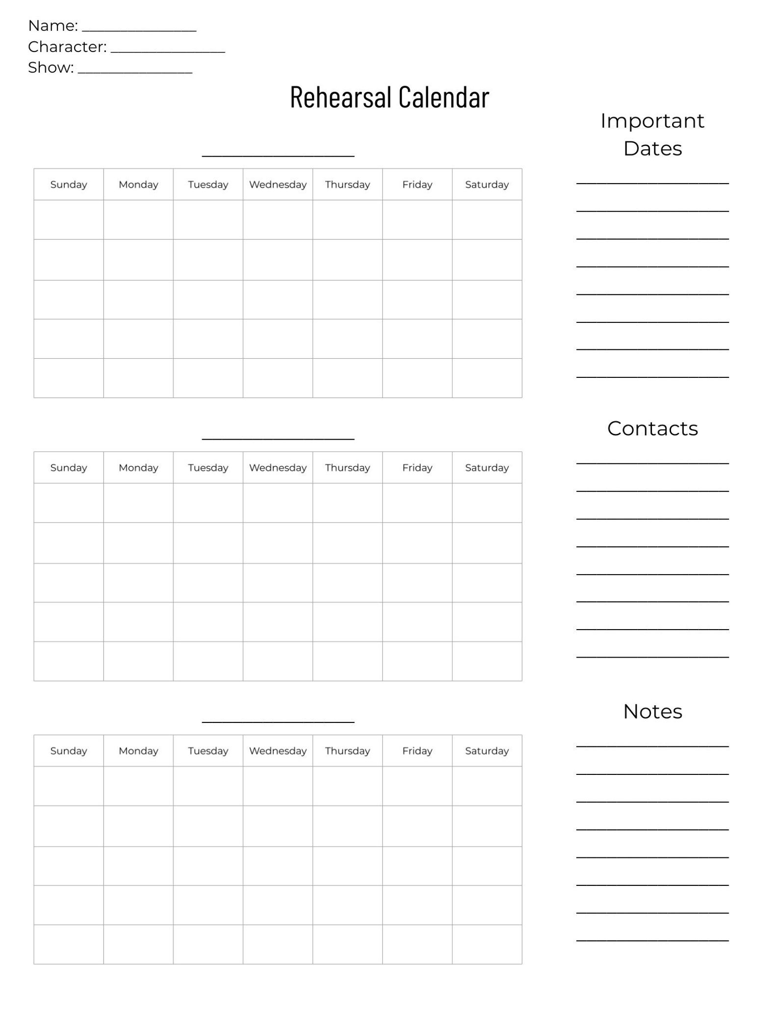 Rehearsal Calendar - Theater Printable Resource for Actors Directors ...