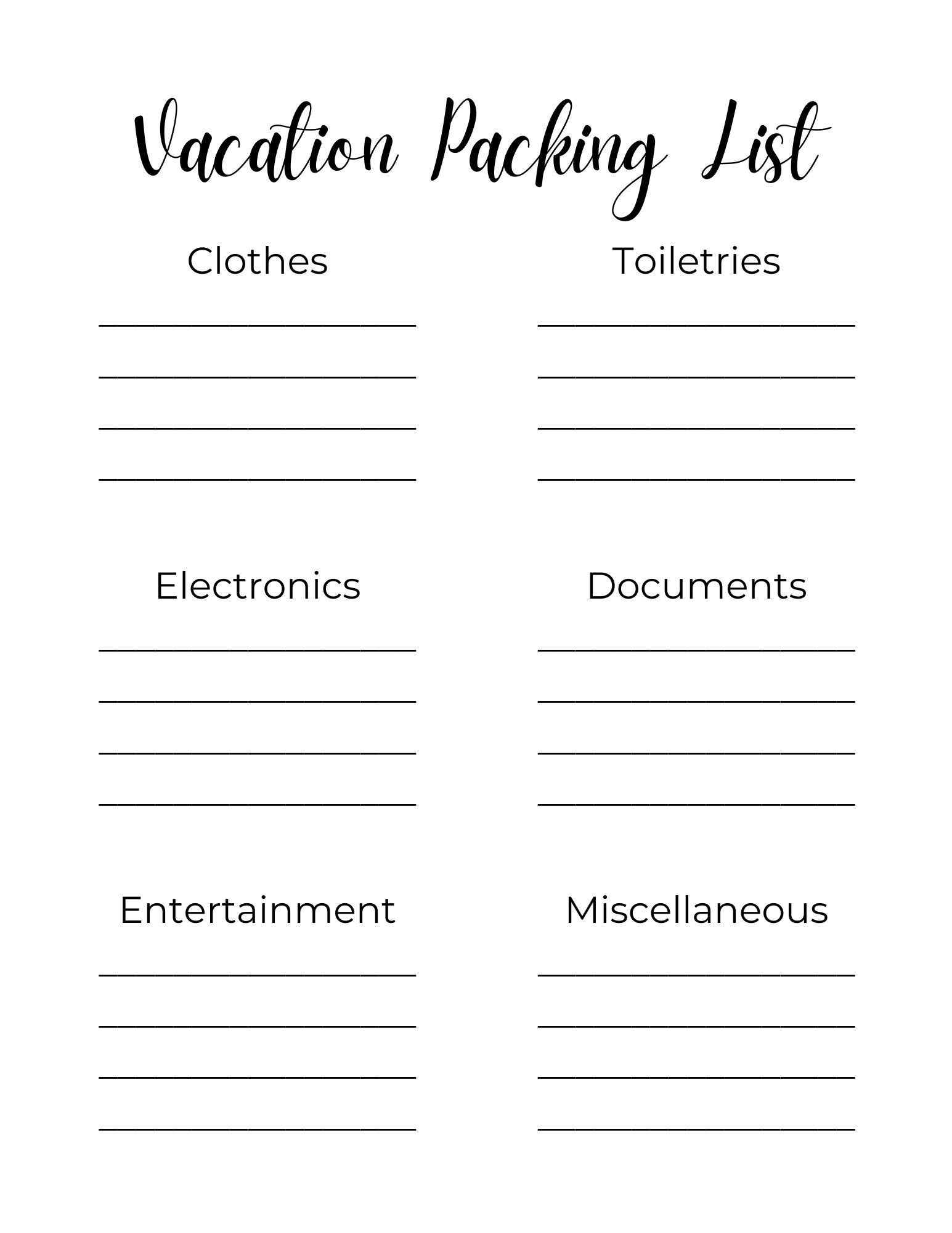Vacation Packing List Weekend Getaway Holiday Trip Travel Printable ...