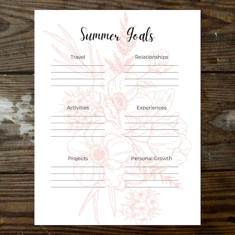 Summer Goals - Printable Journal Page Travel Experiences Activities Fun ...