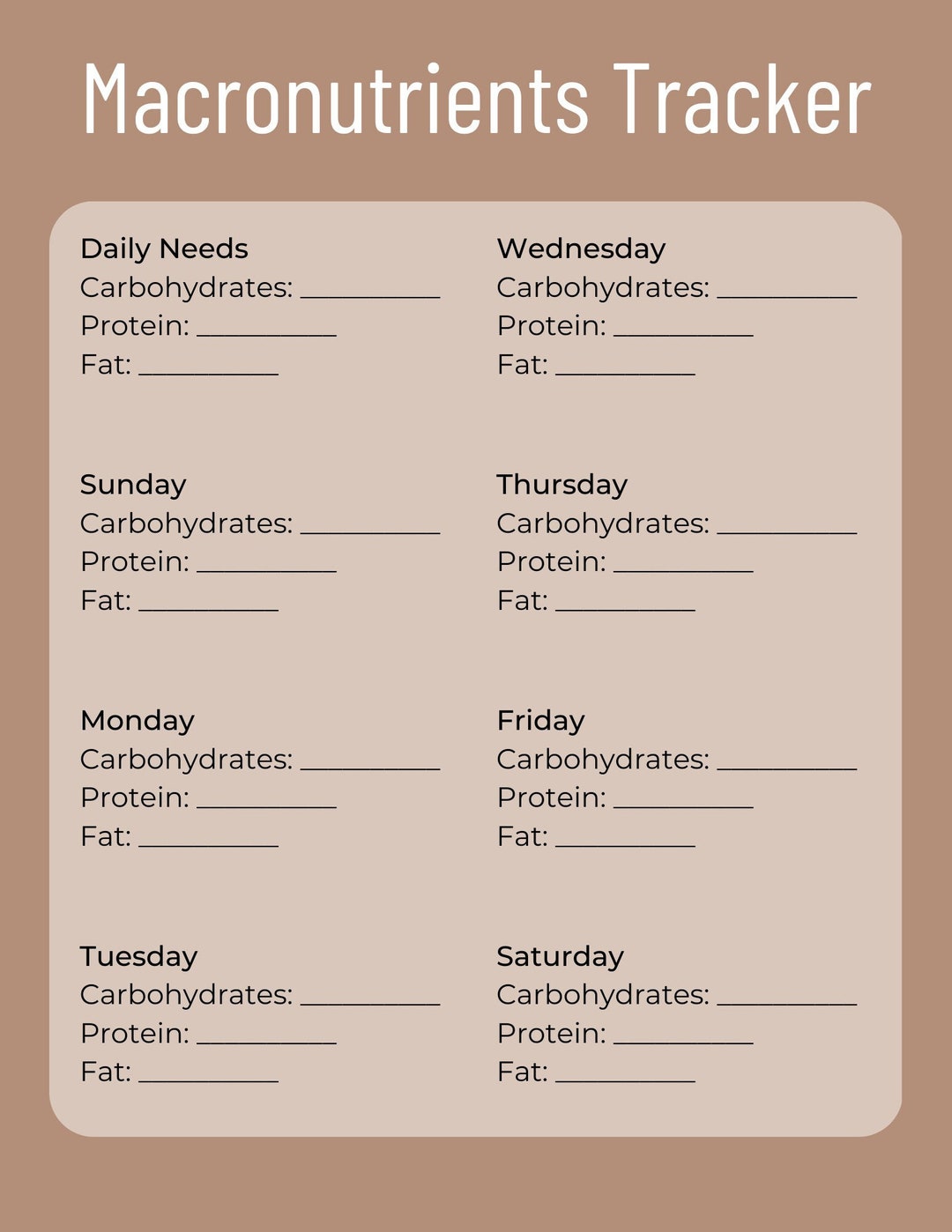 Macronutrients Tracker Weekly Printable Planner Nutrition Gym Athlete - Etsy