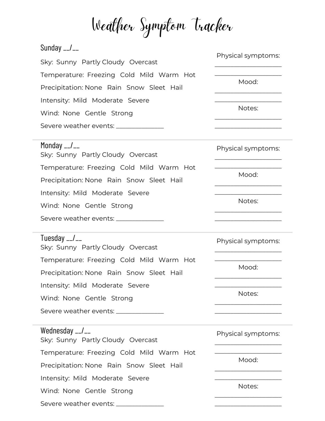 Weather Symptom Tracker Printable Weekly Journal Pages for Physical and ...