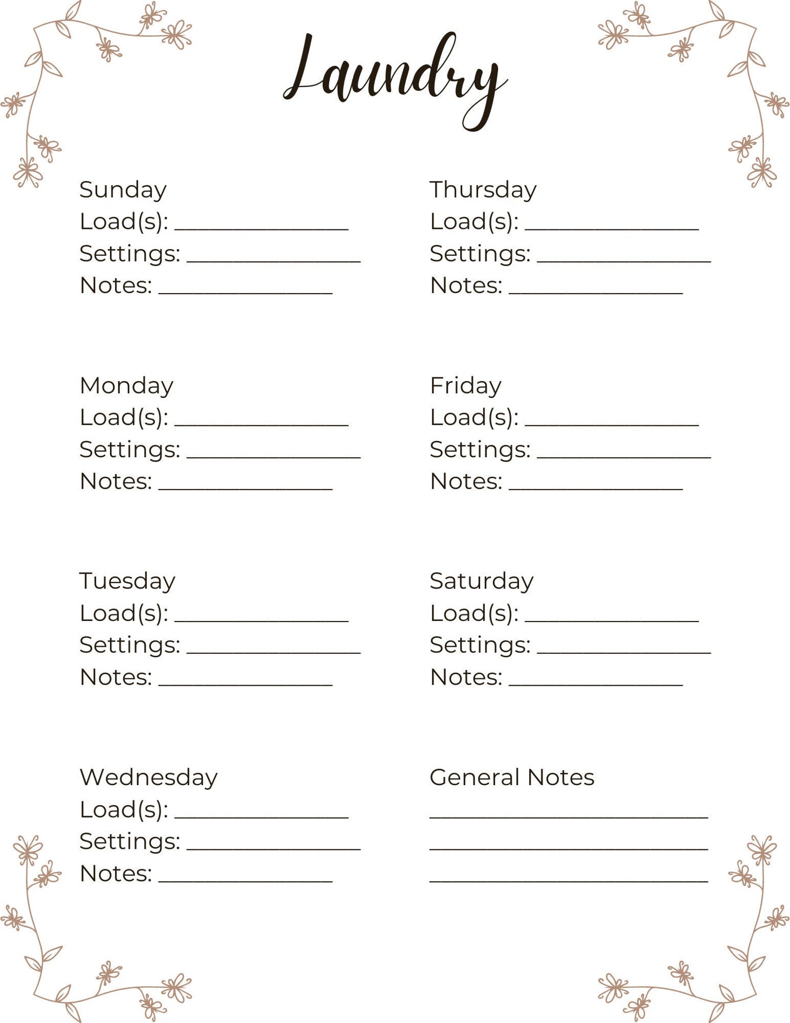 Weekly Laundry Schedule Printable Planner for Household Apartment Dorm ...