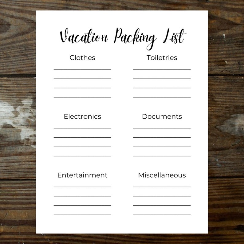 Vacation Packing List Weekend Getaway Holiday Trip Travel Printable ...
