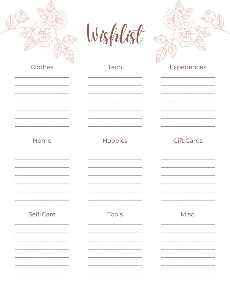 Wishlist Printable - Holiday Christmas Valentine's Day Birthday List ...