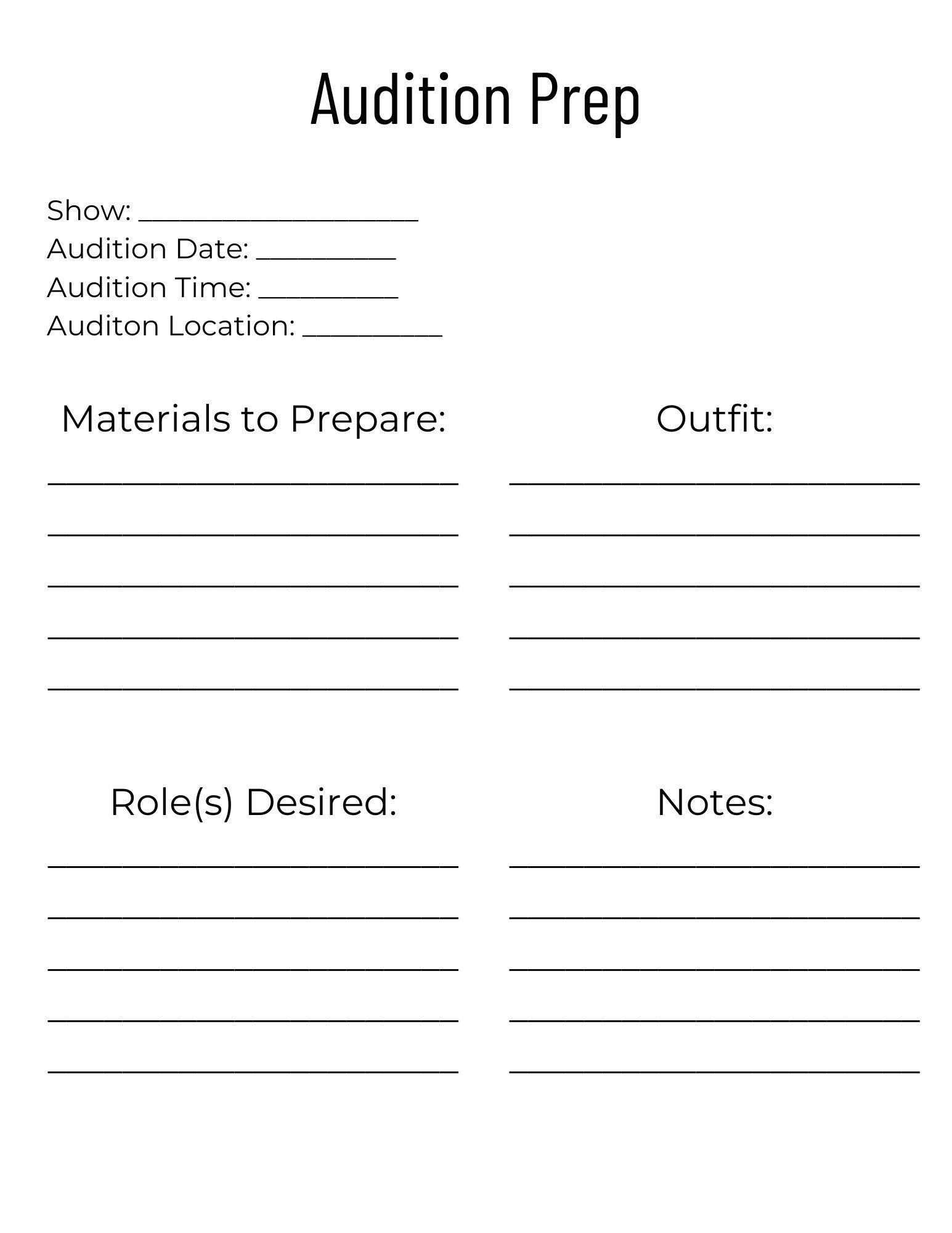 Audition Prep Printable Worksheet Organizer for Actors - Etsy