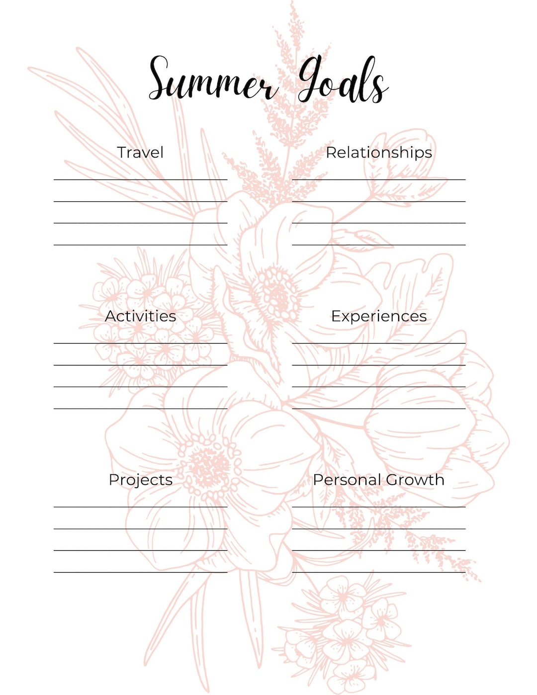 Summer Goals - Printable Journal Page Travel Experiences Activities Fun ...