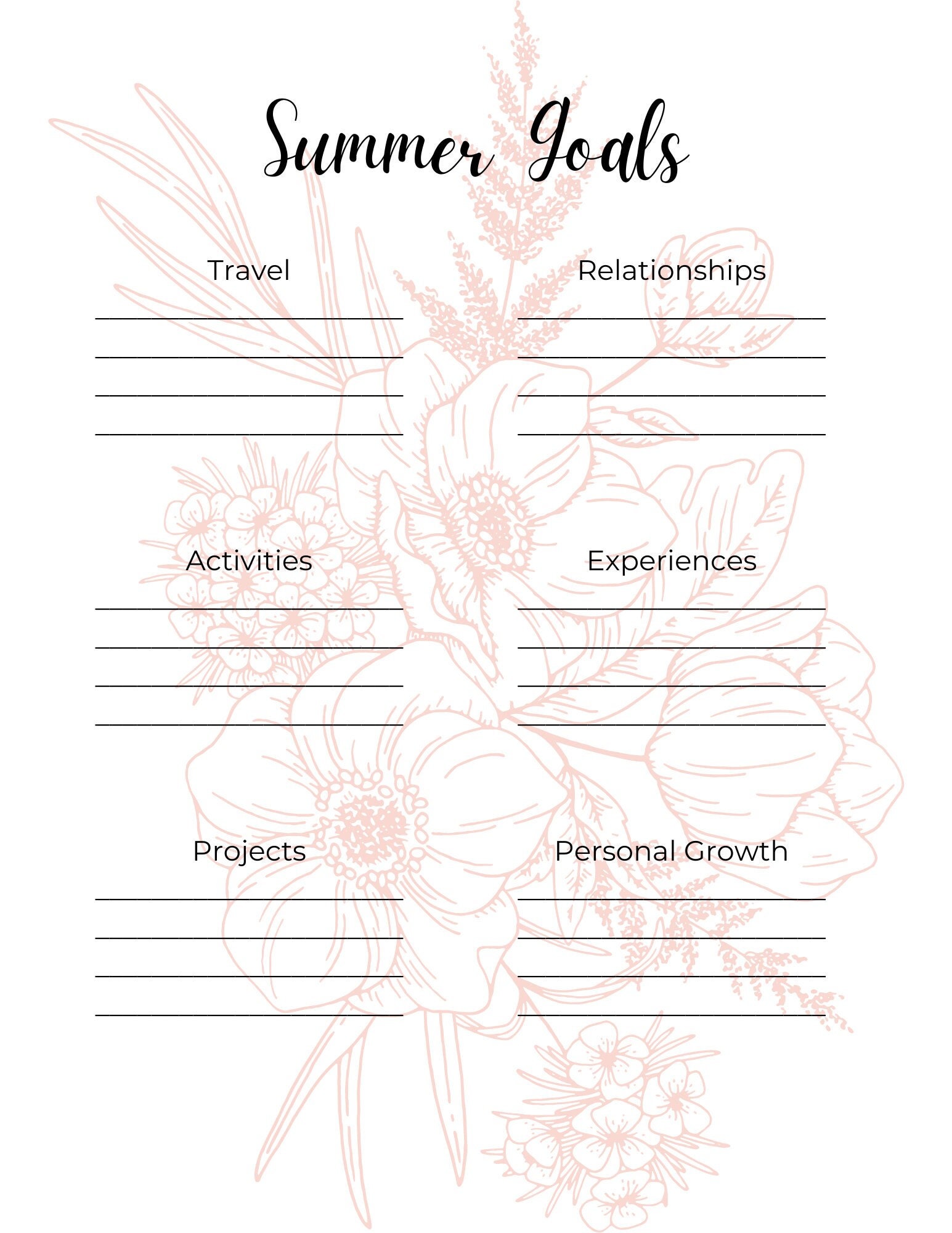 Summer Goals - Printable Journal Page Travel Experiences Activities Fun ...