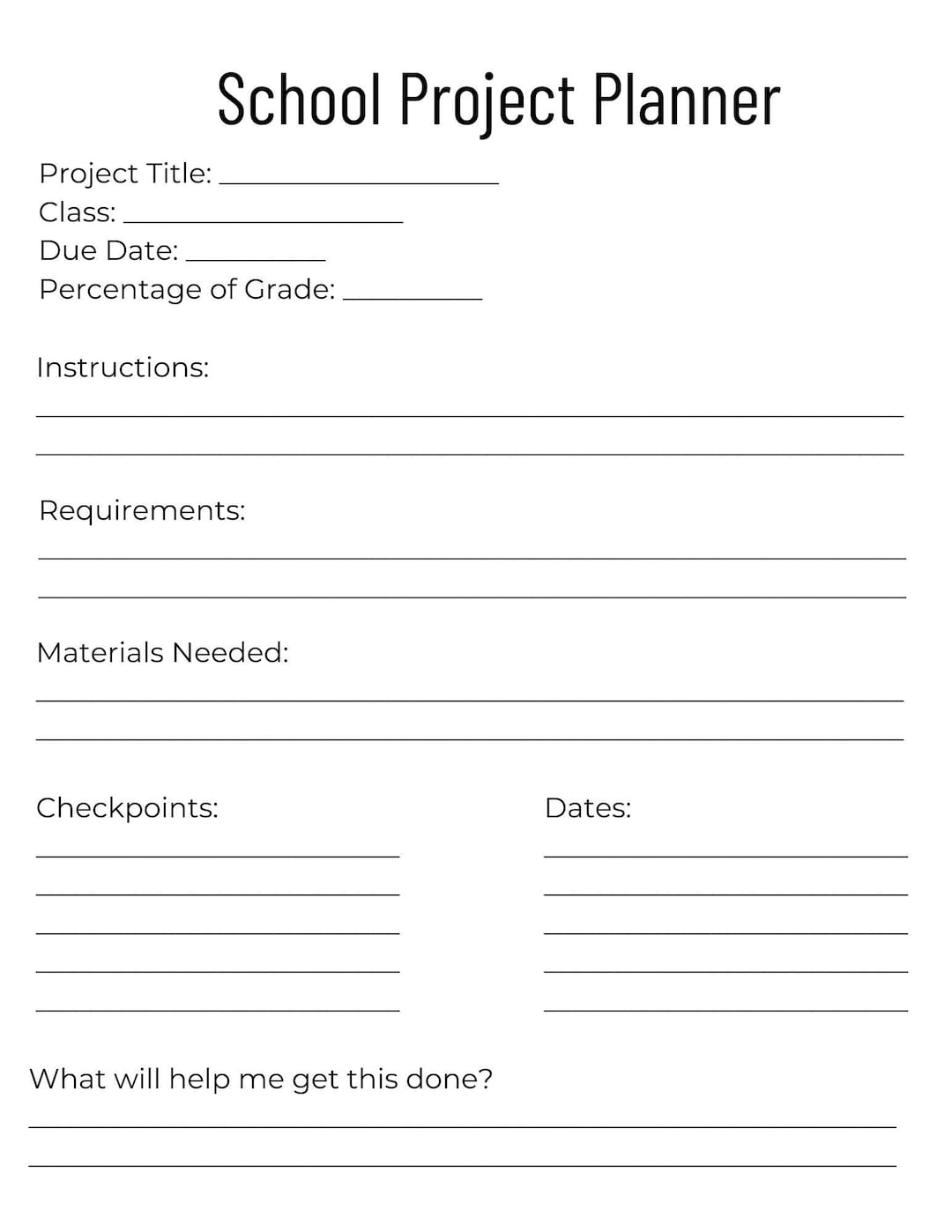 School Project Planner High School College Assignment - Etsy