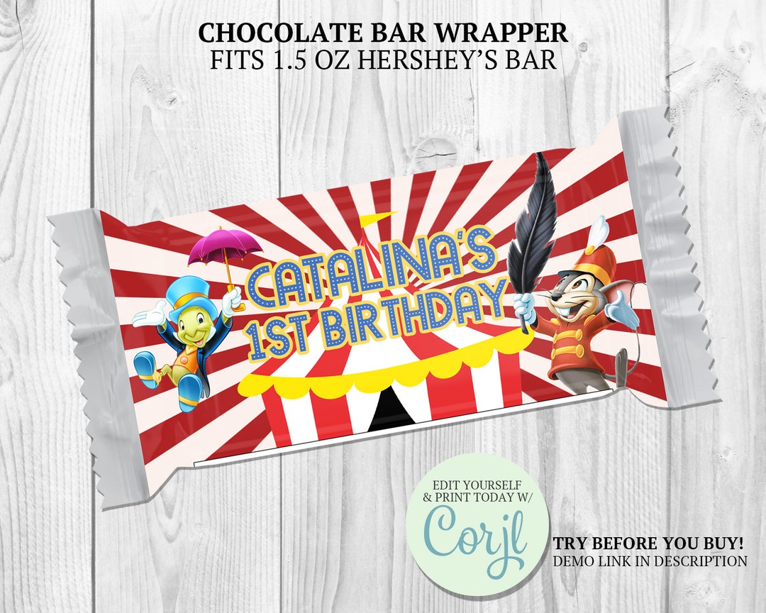 Dumbo Circus Chocolate Bar Wrapper, Dumbo Elephant Candy Labels, Custom ...