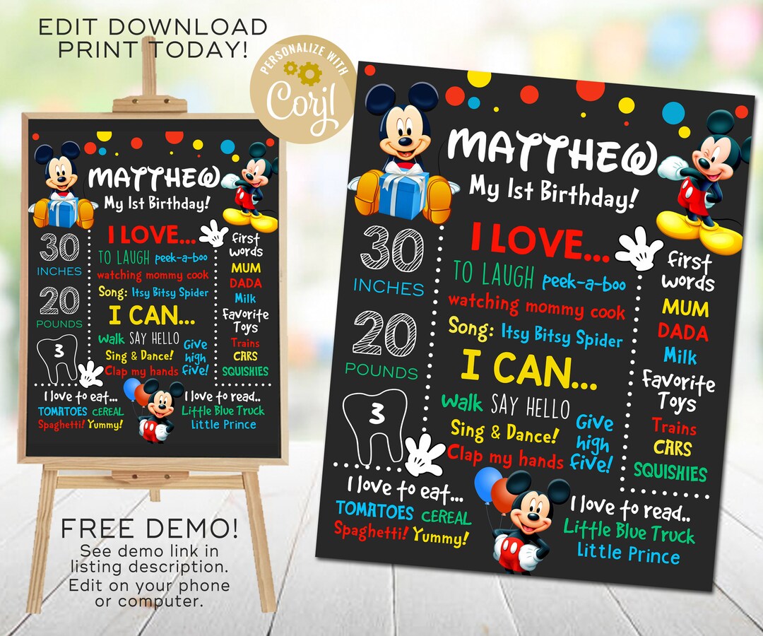 Mickey Mouse Chalkboard Sign, Mickey Mouse Party Sign, 1st Birthday ...