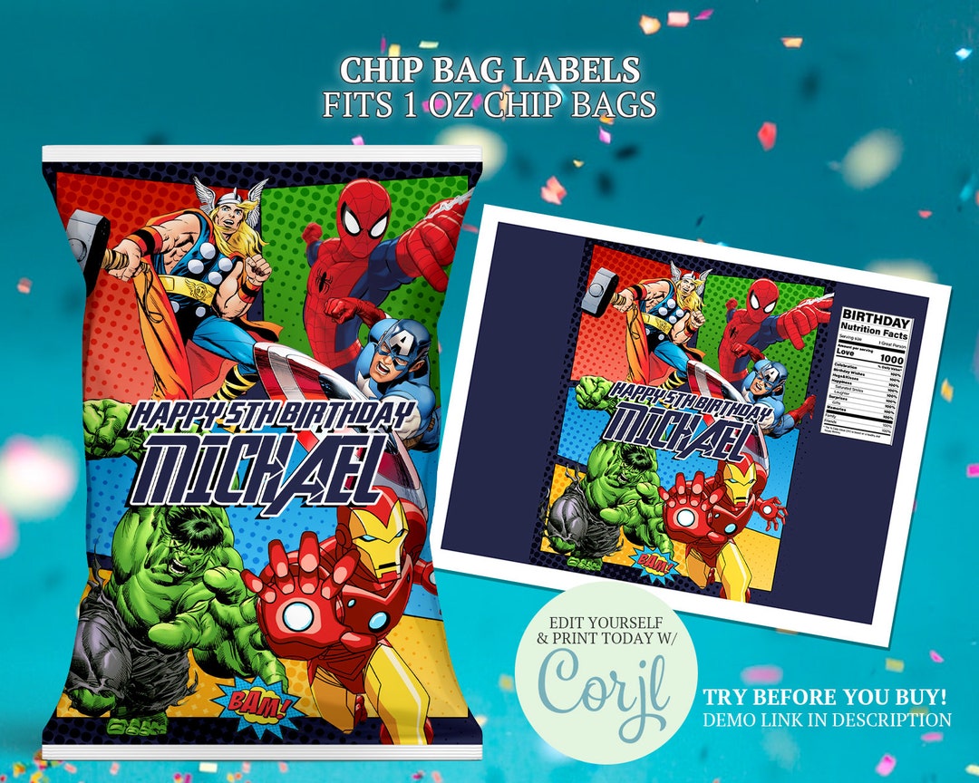Avengers Chip Bag Labels, Avengers Party Printables, Superhero Birthday ...