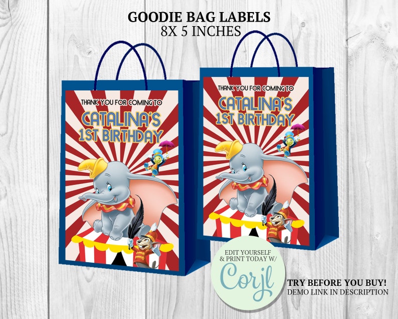 Dumbo Gift Bag Label Circus Party Favors Dumbo Loot Bags - Etsy