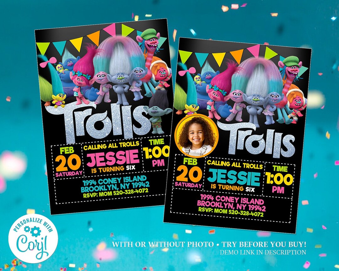 Trolls Invitation, Photo Invitation Template, Trollstice Birthday Party ...