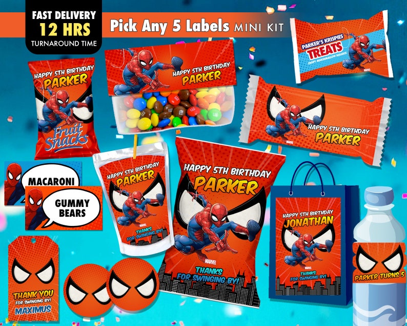 Spiderman Birthday Party Labels: Chip Bag, Treat, Capri Sun (digital ...