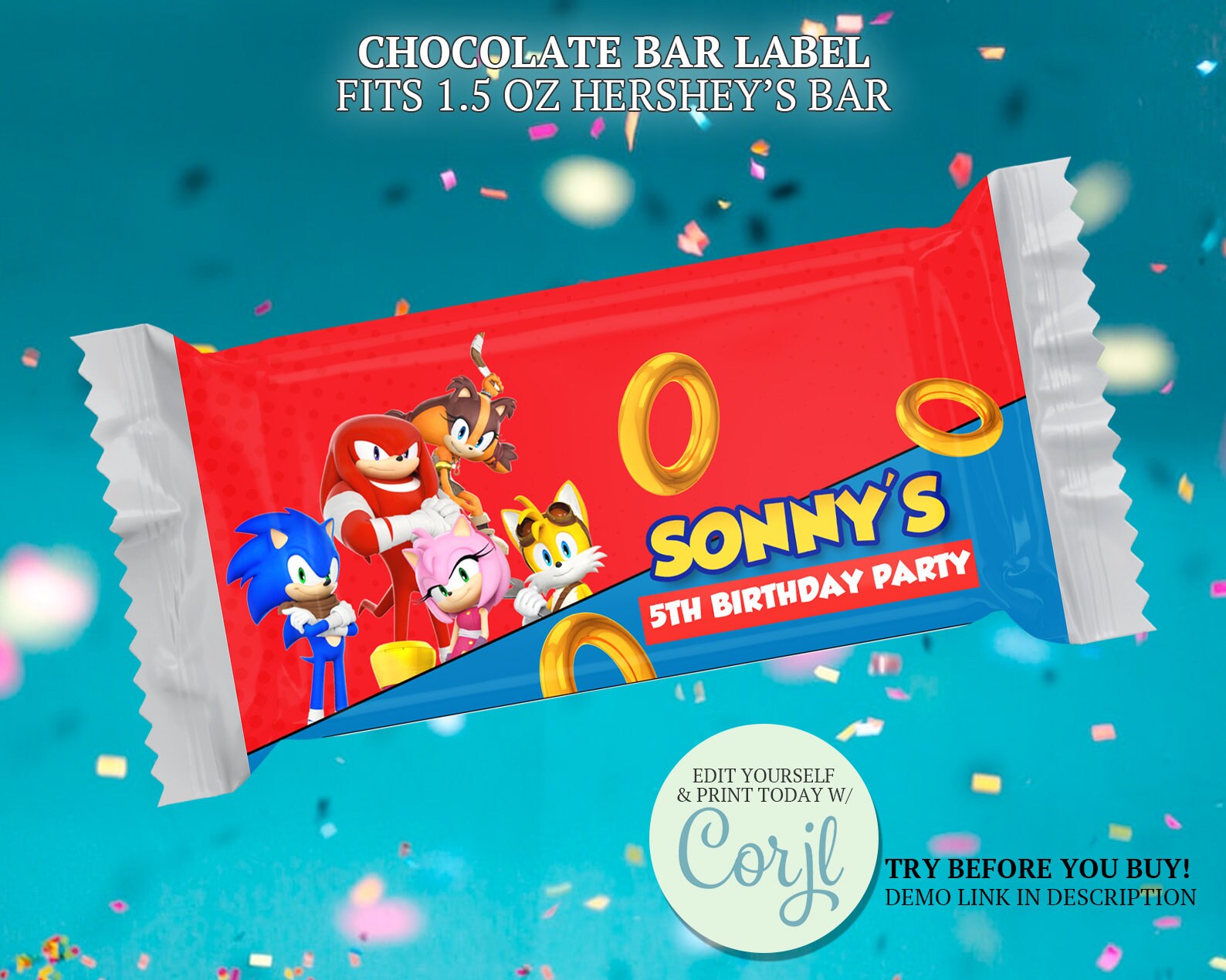 Sonic Chocolate Bar Wrappers, Blue Sonic Candy Bar Label, Hedgehog ...
