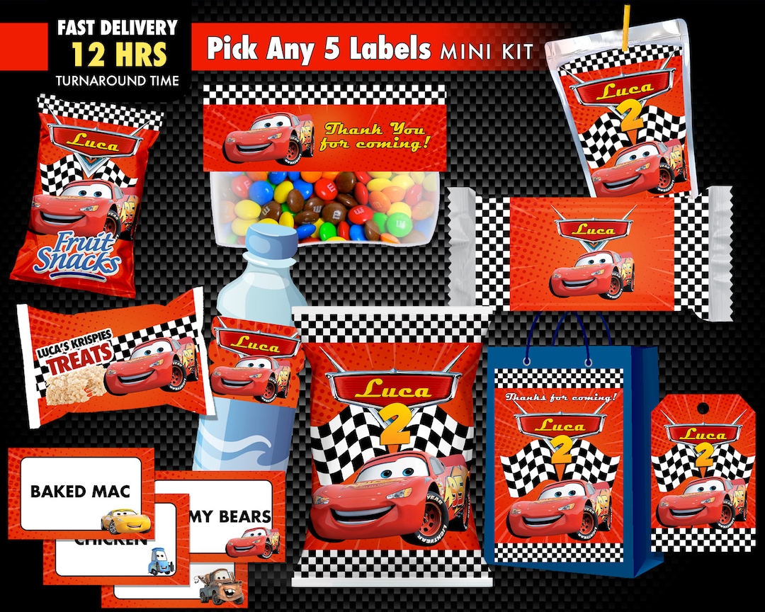 Cars Party Labels Mini Kit: Chip Bag, Treat Bag, Thank You Tags ...