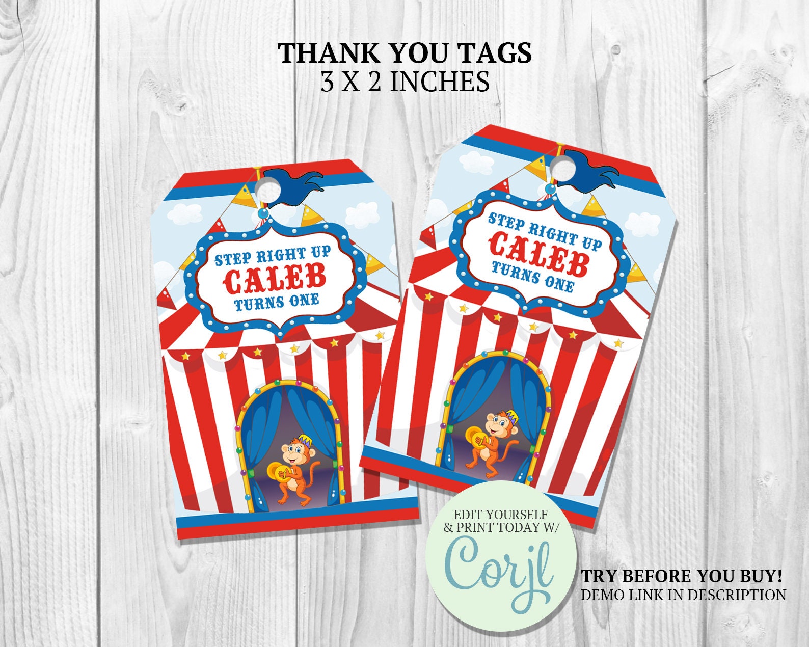 Circus Birthday Thank You Tags: Big Top Carnival, Editable Template ...