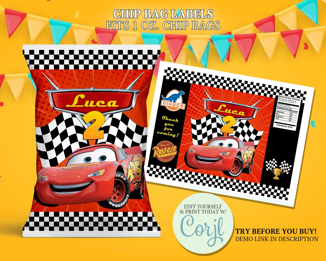 Cars Birthday Chip Bag Labels: Editable Race Car Party Favor (CORJL) - Etsy