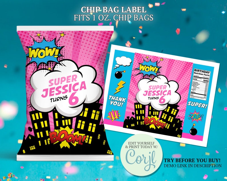 Girls Superhero Chip Bag Labels: Pink Birthday Party Favors (printable ...