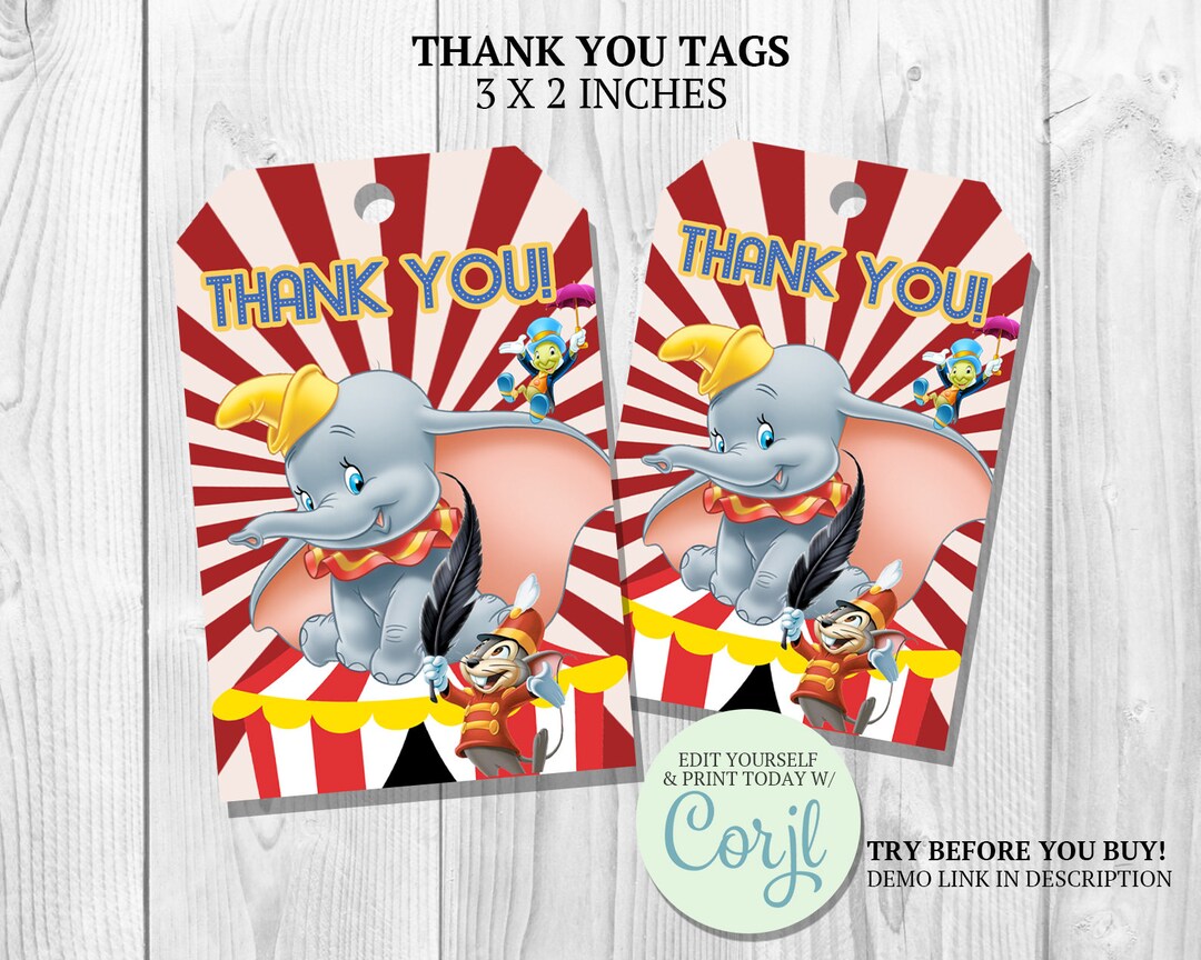 Dumbo Thank You Tags, Dumbo Birthday Tags, Circus Party Gift Tag, Big ...