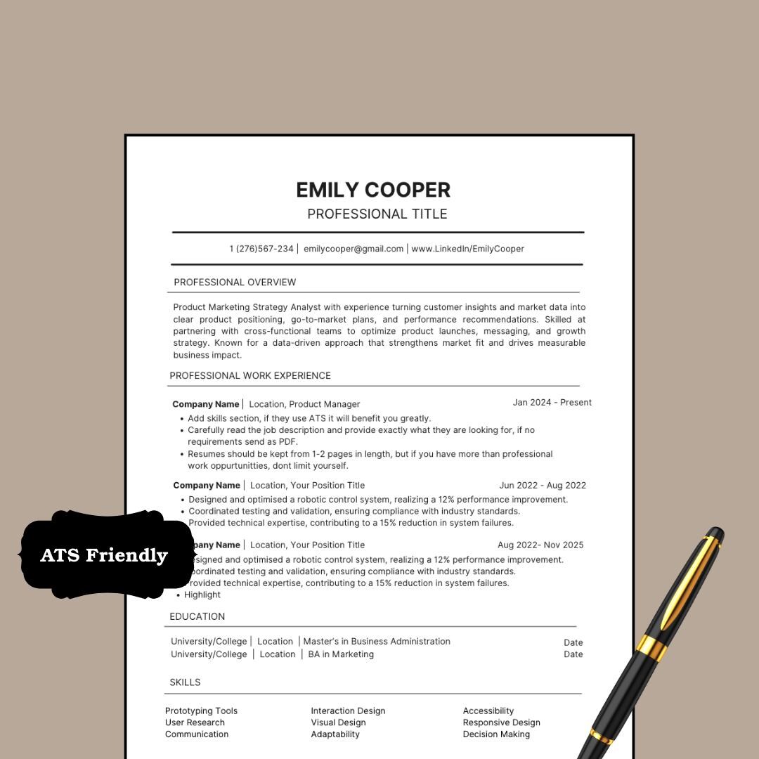 ATS Resume Template, Cover Letter & References, Editable CV (canva ...