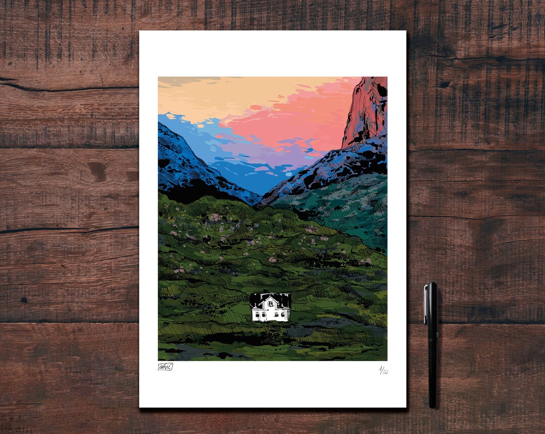 Contemporary Illustration of a Norwegian Mountain Landscape Drawn in ...