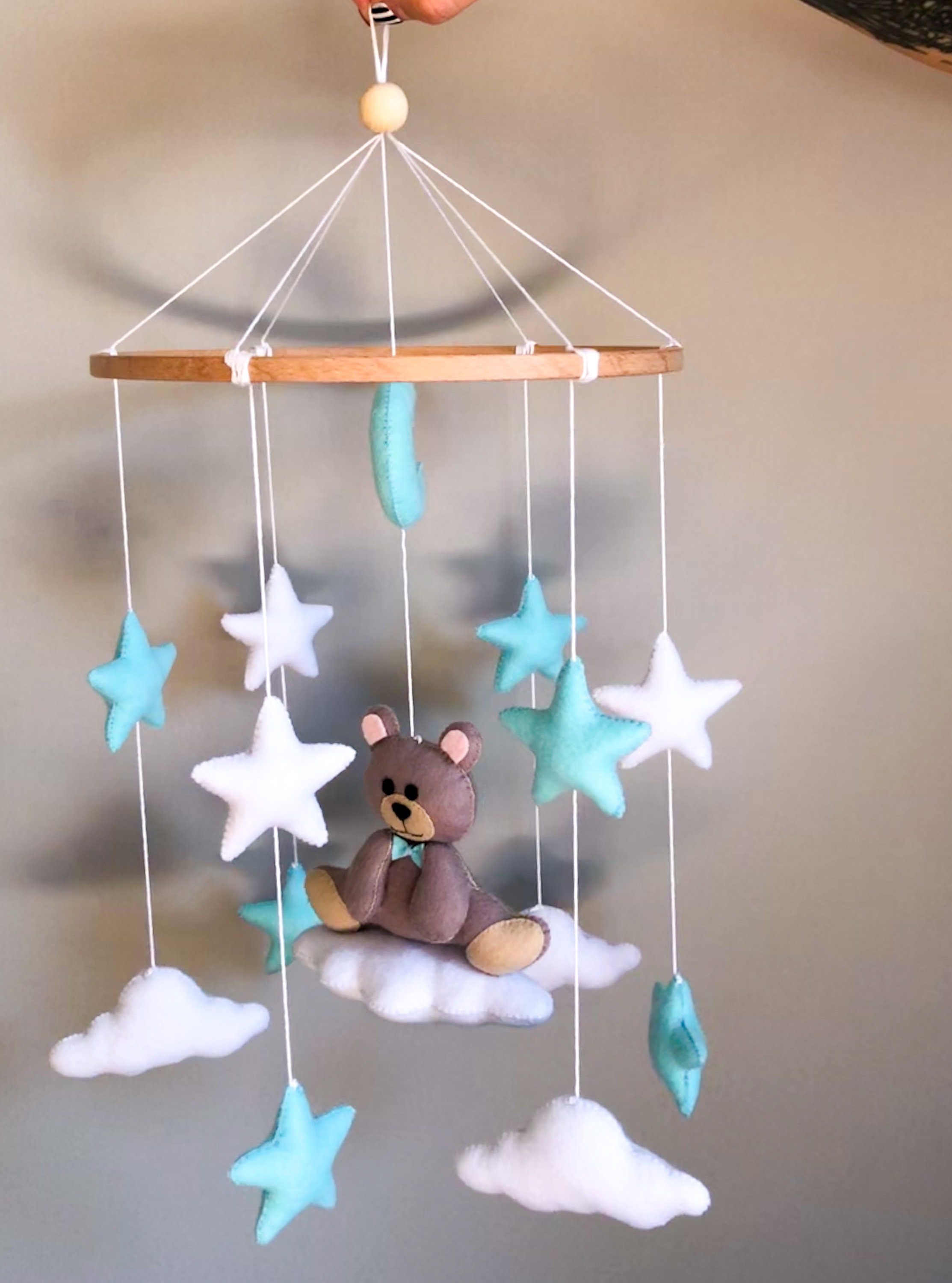 Teddy Bear Mobile Felt Mobile Cloud Stars Mobile Baby Boy Nursery Decor ...