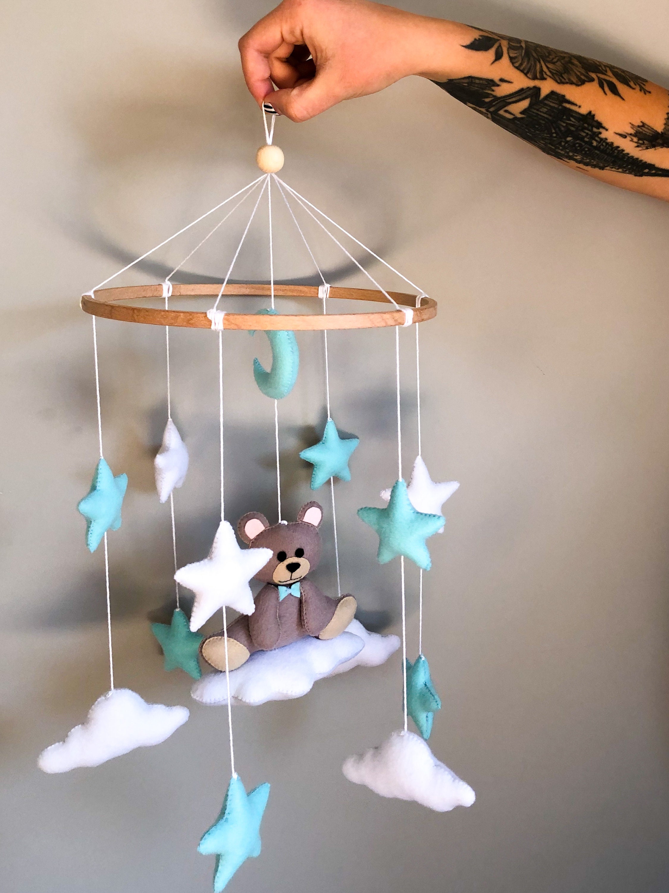 Teddy Bear Mobile Felt Mobile Cloud Stars Mobile Baby Boy Nursery Decor ...