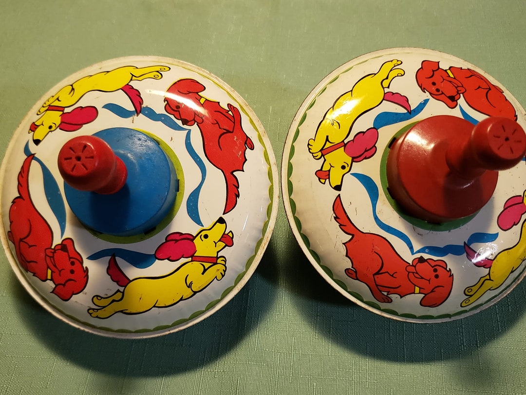 Vintage Lithograph Tin Toy Spinning Top, With Yellow and Red Dogs ...