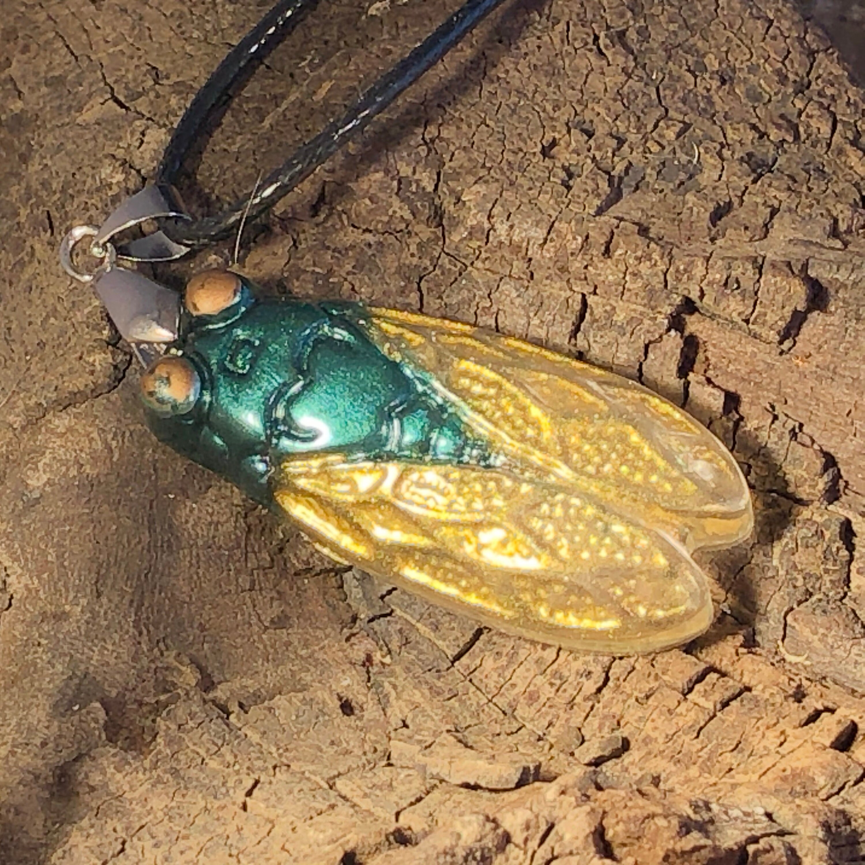 Gold/Green Locust Resin Necklace 1.75 X .75 X | Etsy
