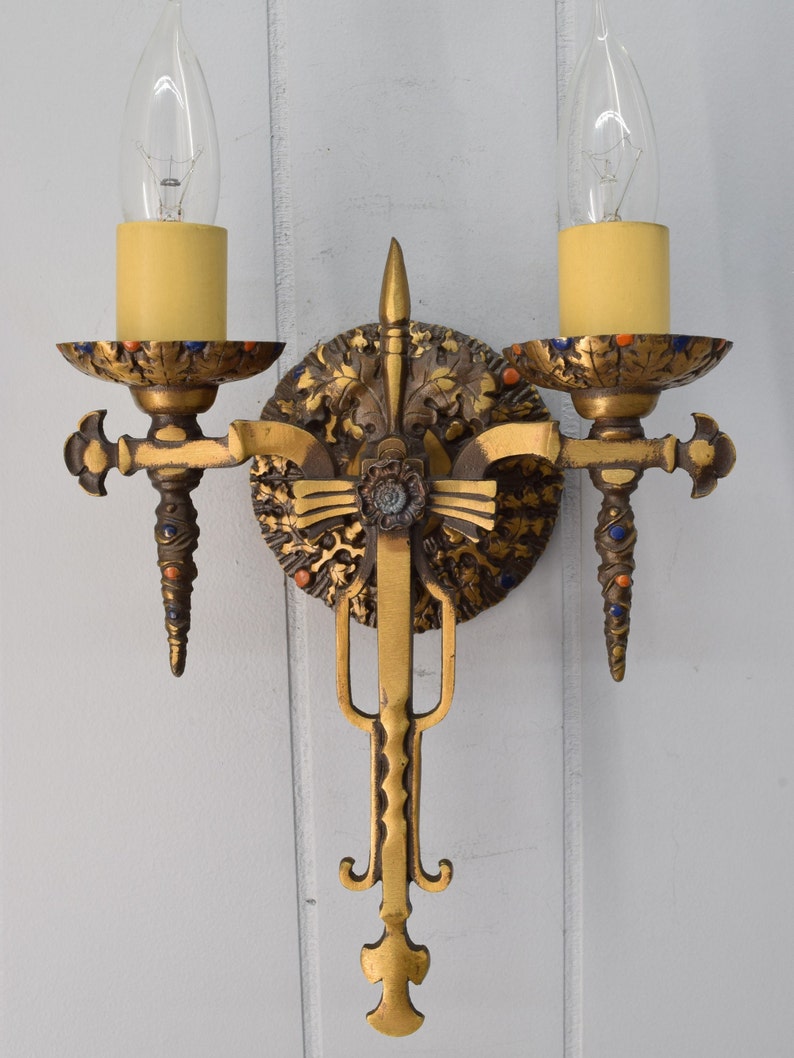 Pair Original Antique Bronze Torch Wall Sconce Lights Detailed With ...