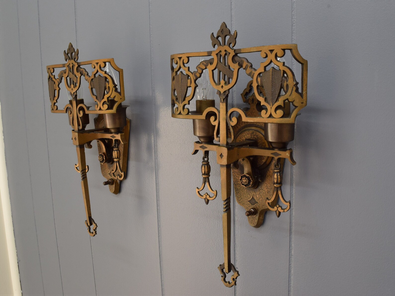 Original 1920s Antique Wall Sconce Pairs Tudor Style Bronze Torch 2 Arm ...