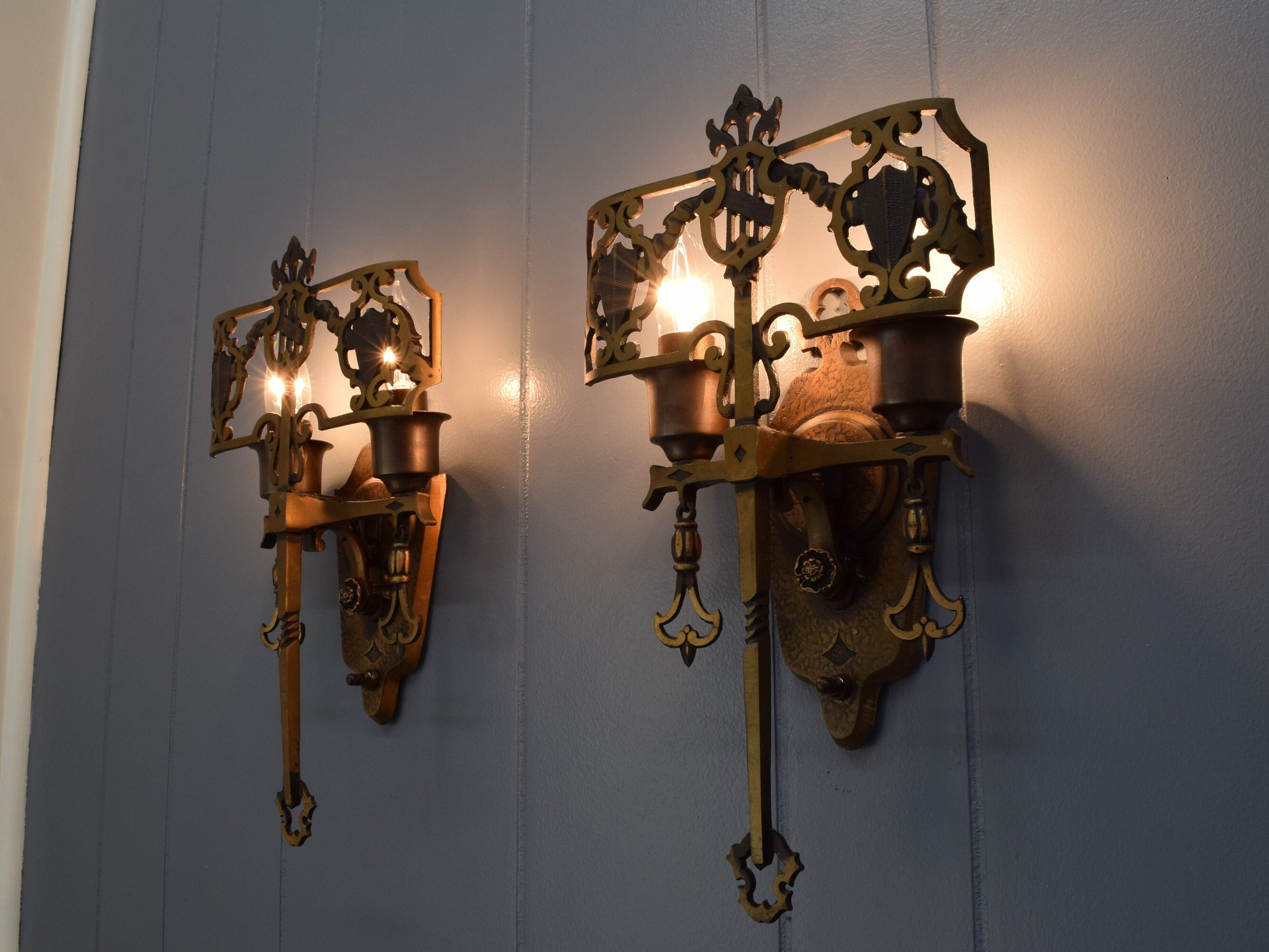 Original 1920s Antique Wall Sconce Pairs Tudor Style Bronze Torch 2 Arm ...
