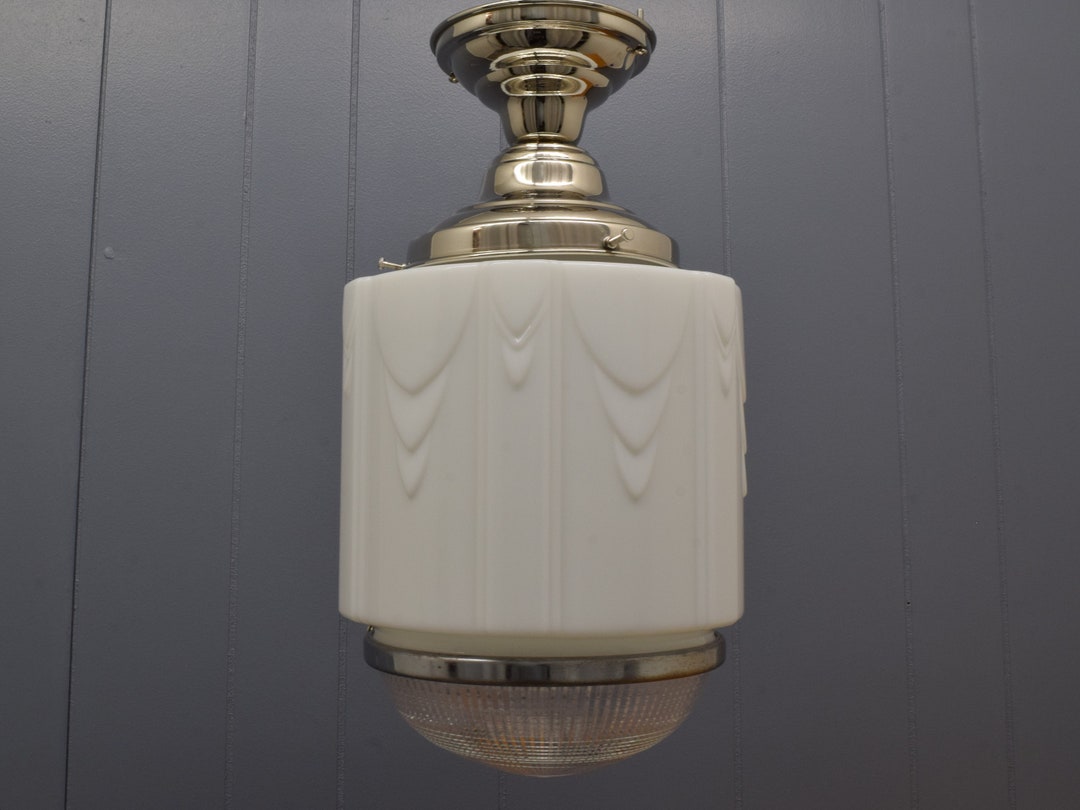 Vintage 1930s Art Deco Ceiling Light Fixture, Iconic 2 Part Milk Glass ...
