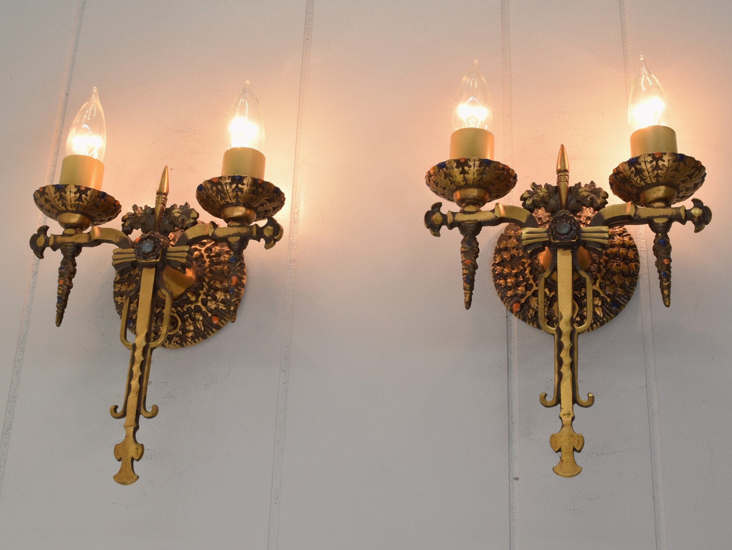Pair Original Antique Bronze Torch Wall Sconce Lights Detailed With ...