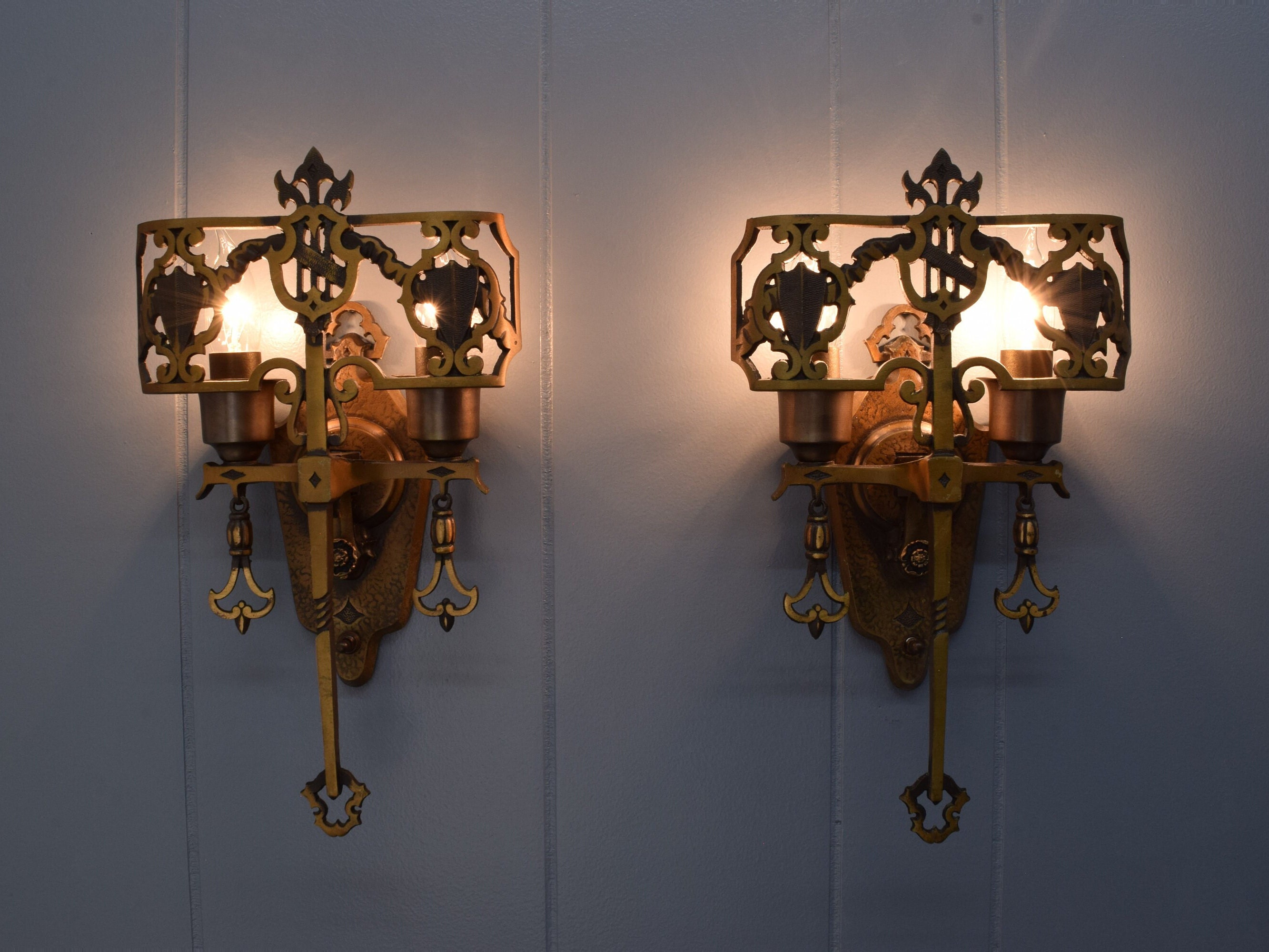 Original 1920s Antique Wall Sconce Pairs Tudor Style Bronze Torch 2 Arm ...