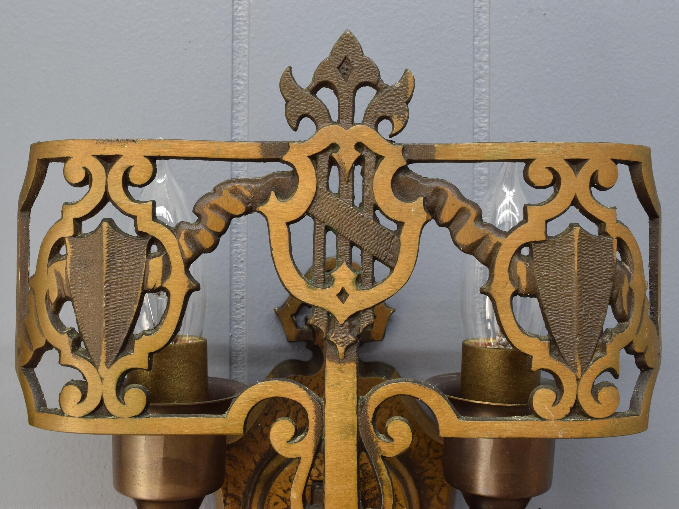Original 1920s Antique Wall Sconce Pairs Tudor Style Bronze Torch 2 Arm ...