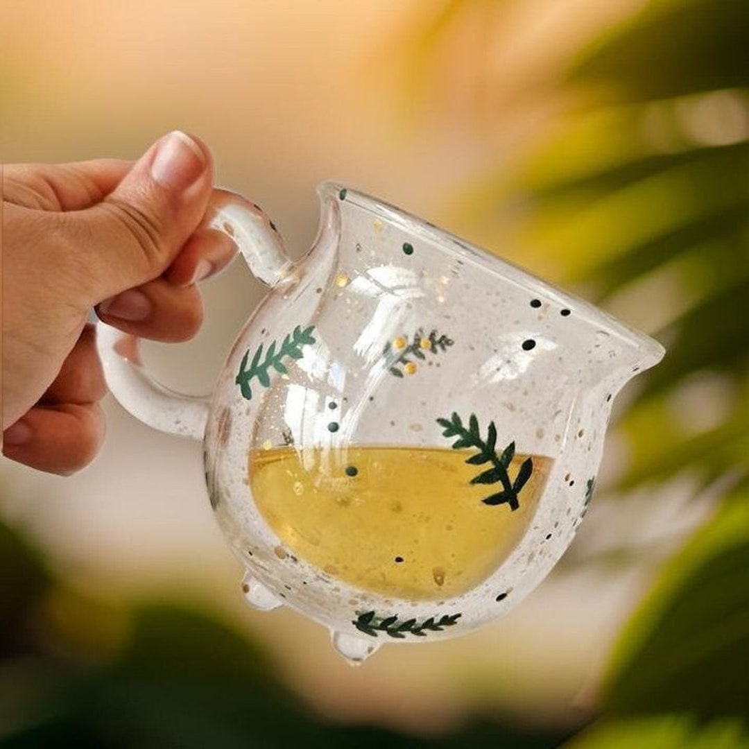 Glass Cauldron Mug Green Leaves, Wiccan Home Decor, Cottage Wedding - Etsy